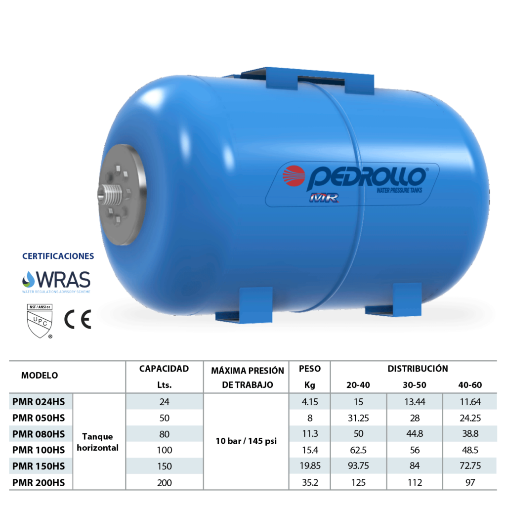 Tanque Horizontal PMR Membrana Reemplazable Pedrollo 24 a 200 Lts.